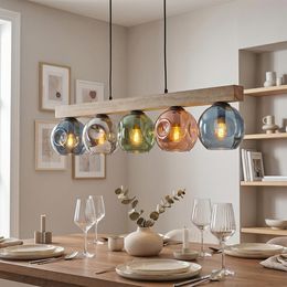 hofstein Ripoll Holzbalken H&auml;ngeleuchte 5-flammig, bunte Glasschirme &oslash; 15 cm, L&auml;nge 95 cm aus naturfarbenem Kiefernholz und Metall, E14-Fassungen, extern 