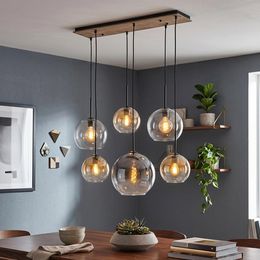 hofstein Cluster-H&auml;ngeleuchte Koyoto, Glasschirme, h&ouml;henverstellbar bei Montage, f&uuml;r den Esstisch Naturfarbenes Holz, Klar-, Bernstein- und Rauchglas, E27