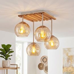 hofstein Naturfarbene Holz-Kugelleuchte Koyoto mit 4 bernsteinfarbenen Riffelglasschirmen &oslash; 15 cm Aus Metall mit Holzlamellenplatte, E14, 25 Watt