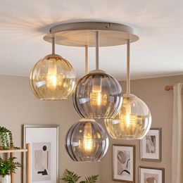 hofstein Moderne Cluster-Deckenleuchte Koyoto mit 4 runden Riffelglasschirmen runde Kugelschirme je &oslash; 15 cm, Metallgestell in Sandfarben und Wei&szlig;, E14, f&uuml;r Esszimmer und Wohnzimmer