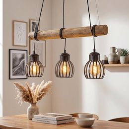 hofstein Oravi Holzstab Pendelleuchte 3-flammig mit Metallk&auml;fig-Schirm, L&auml;nge 60 cm E27-Fassung, Kabel um den Stab wickelbar, f&uuml;r Esszimmer und Wohnzimmer im 