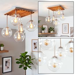 hofstein Cluster-Deckenleuchte Gastor mit Holzlamellen-Abdeckung und 5 klaren Glasschirmen Boho-Metall-Gestell in Naturfarben, &oslash; 39 cm, E14, 25 Watt