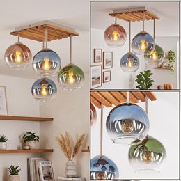 hofstein Koyoto Boho Kugel-Deckenleuchte Glas 4-flammig mit bunten Glasschirmen &Oslash; 15 cm Tannenholz-Lamellendach in Naturfarben, sandfarben-wei&szlig;es Metall, E14-