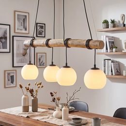 hofstein Holzstab-H&auml;ngeleuchte Koyoto, 4 wei&szlig;e Glasschirme, L&auml;nge 80 cm, Kabel um den Stab wickelbar Aus Metall mit Ringen und Kabeln, E27, f&uuml;r den Esstisch