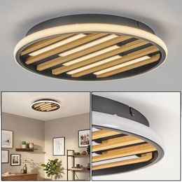 hofstein Velani LED Deckenleuchte Holz rund 41 cm, flache Deckenlampe mit Holzlamellen Metallrahmen in Schwarz, Schirm schwarz-wei&szlig;, &oslash; 41 cm, 2700 Lumen