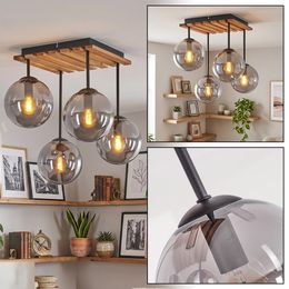 hofstein Gastor Deckenleuchte aus naturfarbenem Tannenholz, Rauchglas-Kugelschirme, 4-flammig mit Lamellen-Deckenplatte f&uuml;r Wohnzimmer und Esszimmer, Boho- und