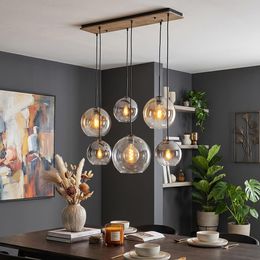 hofstein Koyoto 6-flammige Kugel-Pendelleuchte mit mehrfarbigen Glasschirmen &oslash; 20-30 cm mit naturfarbenem Kiefernholz-Baldachin und Metall, E27, &uuml;ber externen 