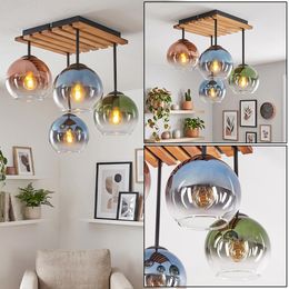 hofstein Koyoto Deckenleuchte mit bunten Glasschirm-Kugeln, Tannenholz, 4-flammig mit E14-Fassungen, extern dimmbar, f&uuml;r Wohnzimmer und Esszimmer im Retro-Boho-Stil