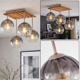 hofstein Naturfarbene Cluster-Deckenleuchte Koyoto mit 4 Glasschirmen in Klar und Rauchfarben Holzlamellenplatte, Metallgestell, Riffelglas, E14, 25 Watt