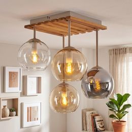 hofstein Kugel-Deckenleuchte Koyoto mit 4 Glasschirmen in Bernstein, Chrom, Klar, &oslash; 15 cm Mit Holzlamellenplatte, Metall, Tannenholz, E14, 25 Watt