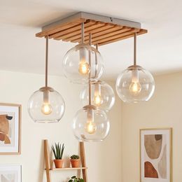 hofstein Koyoto Deckenleuchte 5-flammig mit klaren Glasschirmen &Oslash; 15 cm, Holzlamellen f&uuml;r E14-Leuchtmittel, extern dimmbar, sandfarben-wei&szlig;es Gestell im Boho- 