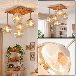 hofstein Naturfarbene Kugel-Deckenleuchte Koyoto mit 5 bernsteinfarbenen Glasschirmen quadratische Lamellen-Deckenplatte, Kugelschirme &oslash; 15 cm, Boho-Retro f&uuml;r Esszimmer und Wohnzimmer