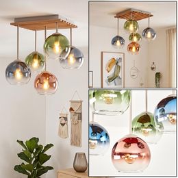hofstein Koyoto Deckenleuchte mit Glaskugeln, 5-flammig, bunte Glasschirme &oslash; 15 cm aus Tannenholz, Holz und Metall in Naturfarben, Sandfarben und Wei&szlig;, E14-Fassungen im Boho-Retro-Stil