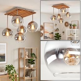 hofstein Boho Cluster-Deckenleuchte Koyoto mit klaren und rauchfarbenen Glaskugelschirmen Aus Metall mit Holzlamellen-Abdeckung in Naturfarben, E14, 25 Watt