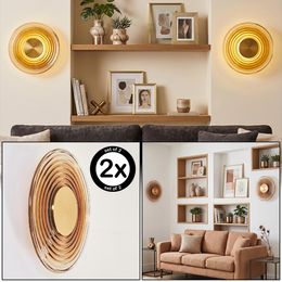 hofstein Liriel LED Glas-Wandleuchte 2er Set, Metall in Messing, bernsteinfarbener Glasschirm flache runde Retro-Form mit dekorativem Ring-Look f&uuml;r Wohnzimmer 