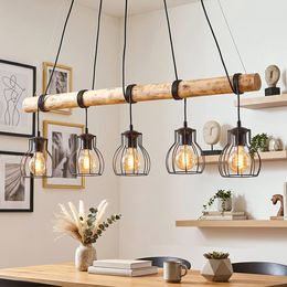 hofstein Gondo Holzstab Leuchte Pendelleuchte aus Eukalyptusholz mit Metallk&auml;fig-Schirmen 5-flammig, E27-Fassungen, L&auml;nge 100 cm, naturfarben, Kabel 