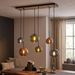 hofstein Koyoto Pendelleuchte mit bunten Glasschirmen &Oslash; 15/20 cm, 6-flammig, E27 aus Holz, Kiefernholz und Metall, Kugelschirme in Blau, Gr&uuml;n und Kupferfarben 