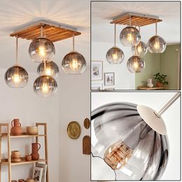 hofstein Cluster-Deckenleuchte Koyoto mit 5 Rauchglas-Schirmen, naturfarbene Holzlamellen-Abdeckung Aus Holz und Metall mit Riffelglas, &oslash; 15 cm, E14, 25 Watt
