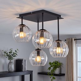 hofstein Koyoto Deckenleuchte Glas Kugel, 4-flammige Deckenlampe mit Riffelglas E14-Fassungen, Metallgestell, geriffelte Glaskugeln im Retro-Vintage-Stil f&uuml;r 