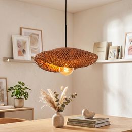 hofstein Bauro Bambus H&auml;ngeleuchte mit naturbraunem Geflecht-Schirm, E27, L&auml;nge 40 cm f&uuml;r Esszimmer und Wohnzimmer, moderner Vintage-Look, bei Montage 