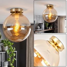 hofstein Messingfarbene Kugelleuchte Gastor mit bernsteinfarbenem Glasschirm &oslash; 25 cm, E27 Aus Metall und 15 Watt, extern dimmbar, runde Retro-Bauform