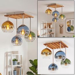 hofstein Koyoto Deckenleuchte mit bunten Glasschirmen &oslash; 15 cm, Tannenholz-Lamellen 4-flammig f&uuml;r E14-Leuchtmittel bis 25 Watt, extern dimmbar, f&uuml;r Esszimmer, 