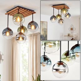 hofstein Gastor Deckenleuchte mit Glaskugeln, 5-flammig, Tannenholz, mehrfarbige Glasschirme mit Naturfarben-Holz-Metall-Design, E14-Fassungen, extern dimmbar,