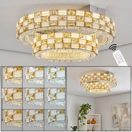 hofstein Seloria dimmbare LED Deckenleuchte mit Fernbedienung, Glasschirm in Bernsteinfarben-Klar Metallgeh&auml;use in Chrom, zweistufige Ringform, facettierte 