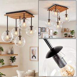 hofstein Gastor Glaskugel-Deckenleuchte aus Tannenholz, klare Glasschirme, 5-flammig E14-Fassungen, extern dimmbar, f&uuml;r Esszimmer und Wohnzimmer im Boho-, Retro- und Vintage-Stil
