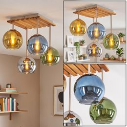 hofstein Koyoto Holz-Deckenleuchte mit bunten Kugel-Glasschirmen, 4-flammig, E14 mit Tannenholz-Lamellen und Metall in Naturfarben, Sandfarben und Wei&szlig;, Boho-
