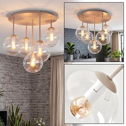 hofstein Gastor Kugel-Deckenleuchte 5-flammig, klare Glasschirme &Oslash; 15 cm, E14 aus Metall in Sandfarben-Wei&szlig;, extern dimmbar, mit runder Deckenplatte im Boho-
