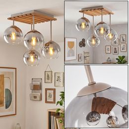 hofstein Koyoto Deckenleuchte mit Glaskugeln, 4-flammig, Tannenholz-Lamellen, E14 Schirme &oslash; 15 cm in Klar-Rauchfarben, Metall in Sandfarben und Wei&szlig;, Boho-