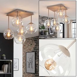 hofstein Koyoto Deckenleuchte mit klaren Glaskugeln, 5-flammig, E14, sandfarben Metallgestell in Wei&szlig; mit quadratischer Deckenplatte, retro-modern f&uuml;r 