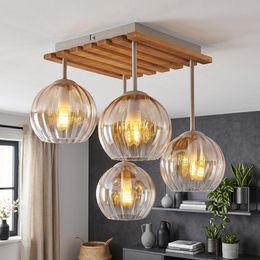 hofstein Koyoto Holz Deckenleuchte mit Riffelglas-Kugelschirmen in Bernstein-Klar, 4-flammig Lamellendach, sandfarben-wei&szlig;es Metall, E14-Fassungen, extern dimmbar, Boho-Retro-Stil