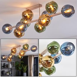 hofstein 10-flammige moderne Cluster-Deckenleuchte Koyoto mit bunten Glaskugeln &oslash; 15 cm, E14 Metallgestell in Sandfarben-Wei&szlig;, E14-Fassungen, extern dimmbar f&uuml;r Wohnzimmer und Esszimmer