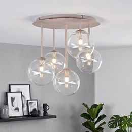 hofstein Chehalis Glaskugel Deckenleuchte mit klaren Glasschirmen, 5-flammig, sandfarben Metallgestell mit wei&szlig;en Details, &Oslash; 45 cm, G9-Fassung, extern dimmbar,