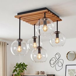 hofstein Koyoto Glaskugel-Deckenleuchte mit Holzlamellen, 5-flammig, Naturholz, E14 mit klaren Glasschirmen &Oslash; 15 cm, Metallrahmen und versetzten Pendeln f&uuml;r 