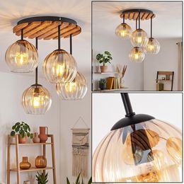 hofstein Koyoto Deckenleuchte Holz Glas, 4-flammig mit bernsteinfarbenem Riffelglas runde Deckenplatte &oslash; 39,5 cm, Kugelschirme &oslash; 15 cm, E14, extern dimmbar, 