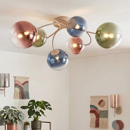 hofstein Retro-Cluster-Deckenleuchte Chehalis mit 6 bunten Glaskugelschirmen &oslash; 12/15 cm Metallgestell in Sandfarben, Farben Blau, Gr&uuml;n und Kupferfarben