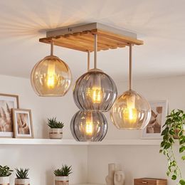 hofstein Koyoto Deckenleuchte Holz mit Riffelglas-Kugelschirmen, 4-flammig Riffelglas, aus Metall und Tannenholz, E14, 25 Watt