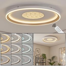 hofstein Orvix flache LED Deckenleuchte rund dimmbar mit Fernbedienung, &Oslash; 59 cm wei&szlig;es Metallgeh&auml;use im Ringdesign, braun-champagnerfarbener Acrylglas-Schirm, 