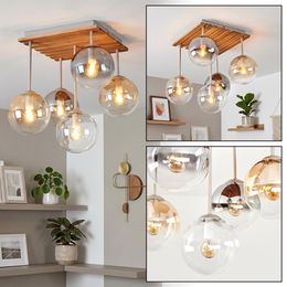 hofstein Boho Kugelleuchte Gastor mit 5 Glasschirmen in Klar, Bernstein und Rauch, &oslash; 15 cm, E14 Deckenplatte aus Tannenholz und Metall in Naturfarben, 