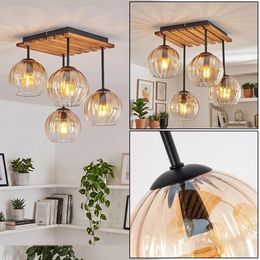 hofstein Koyoto Deckenleuchte mit Riffelglas-Kugeln, 4-flammige Holz-Deckenlampe Aus Holz und Metall, Durchmesser 33,5 cm, E14, 25 Watt