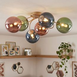 hofstein Chehalis Deckenleuchte mit bunten Glaskugeln, 6-flammig, sandfarben, &oslash; 64 cm G9-Fassungen, extern dimmbar, Metallgestell und Retro-Vintage-Design f&uuml;r Wohnzimmer und Esszimmer