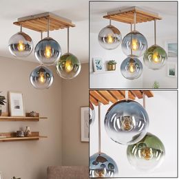 hofstein Boho-Kugel-Deckenleuchte Gastor mit 4 Glasschirmen in Blau, Gr&uuml;n, Klar und Rauchfarben Aus Holz und Metall mit Holzleistenplatte, E14, 25 Watt