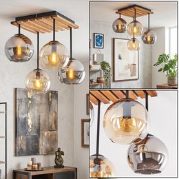 hofstein Koyoto Retro-Deckenleuchte mit mehrfarbigen Glaskugeln &oslash; 15 cm, 4-flammig, E14 mit naturfarbener Tannenholz-Lamellenplatte, Metallgestell, extern 