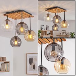 hofstein Koyoto Deckenleuchte Holz Glas, 4-flammig mit Riffelglas-Kugelschirmen, Boho Tannenholz-Lamellen in Naturfarben, E14-Fassungen, extern dimmbar, 