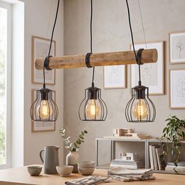 hofstein Pendelleuchte Gondo mit Holzstab, 3 schwarze K&auml;figschirme, Kabel wickelbar, L&auml;nge 60 cm Aus Metall am naturfarbenen Holzstab, E27, f&uuml;r den Esstisch