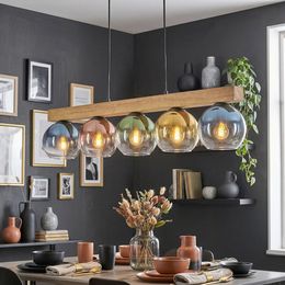 hofstein Koyoto H&auml;ngeleuchte Holzbalken mit bunten Glasschirmen, 5-flammige Pendelleuchte, L&auml;nge 95 cm Kugelgl&auml;ser &Oslash; 15 cm, E14-Fassungen, bei Montage 