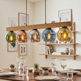 hofstein Koyoto Holzstab Leuchte Pendelleuchte, bunte Glaskugeln &oslash; 15 cm, L&auml;nge 95 cm 5-flammig mit E14-Fassungen, f&uuml;r Esszimmer und Wohnzimmer, im Boho-, 